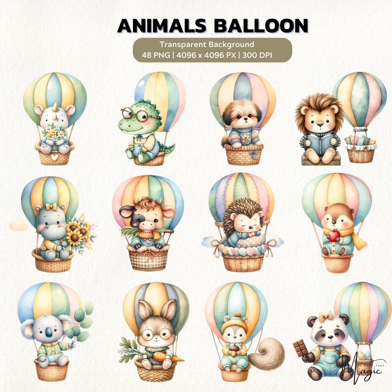 Whimsical Joy – Watercolor Clipart Set of Animals in Balloons - Etsy