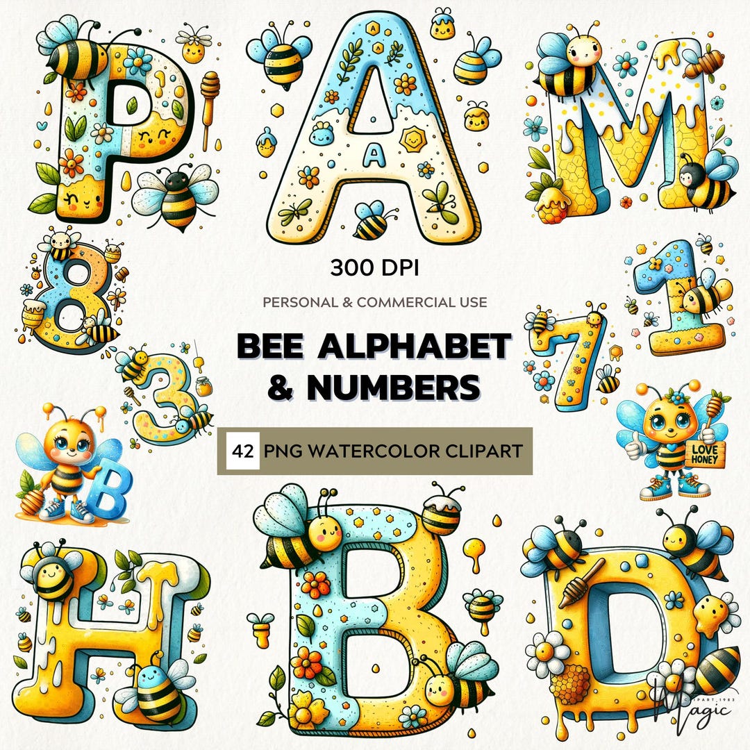 Cute Bee Alphabet Watercolor Clipart, Bee Number Set,bee Font Clipart ...