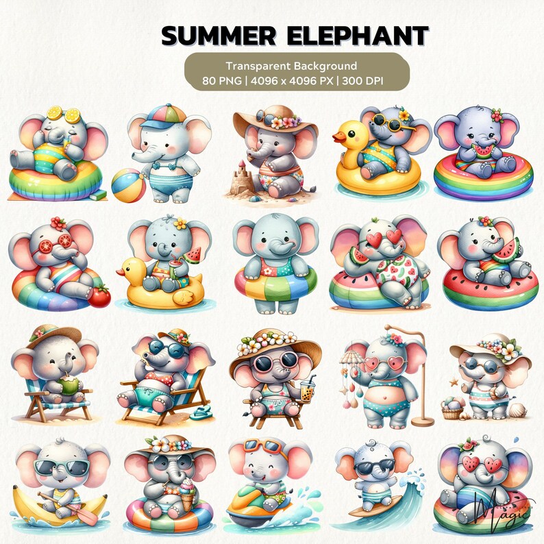 Joyful Sunshine – Watercolor Clipart Set of Cute Summer Elephants - Etsy