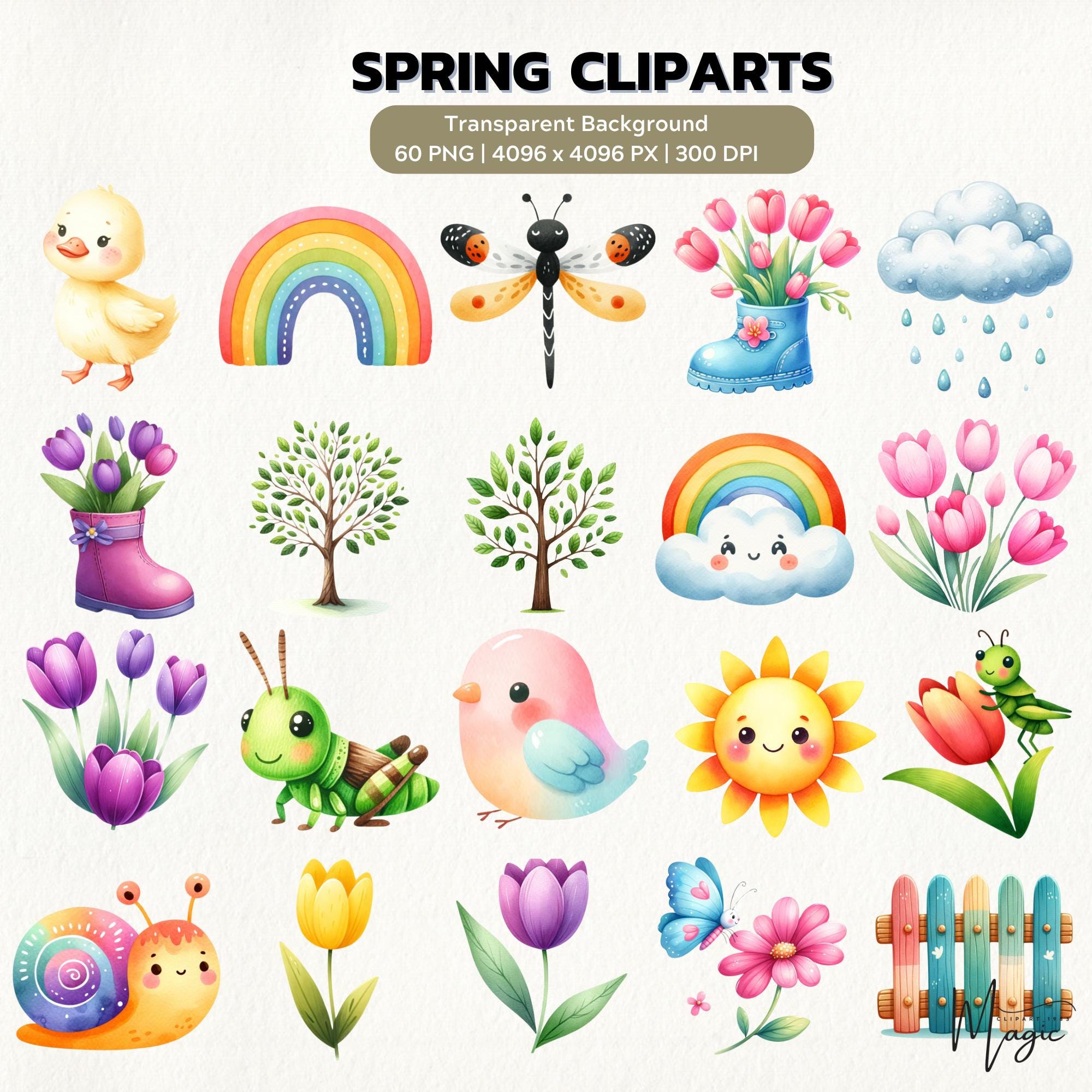 Cute Spring Watercolor Clipart, Happy Spring PNG, Spring Garden Clipart ...