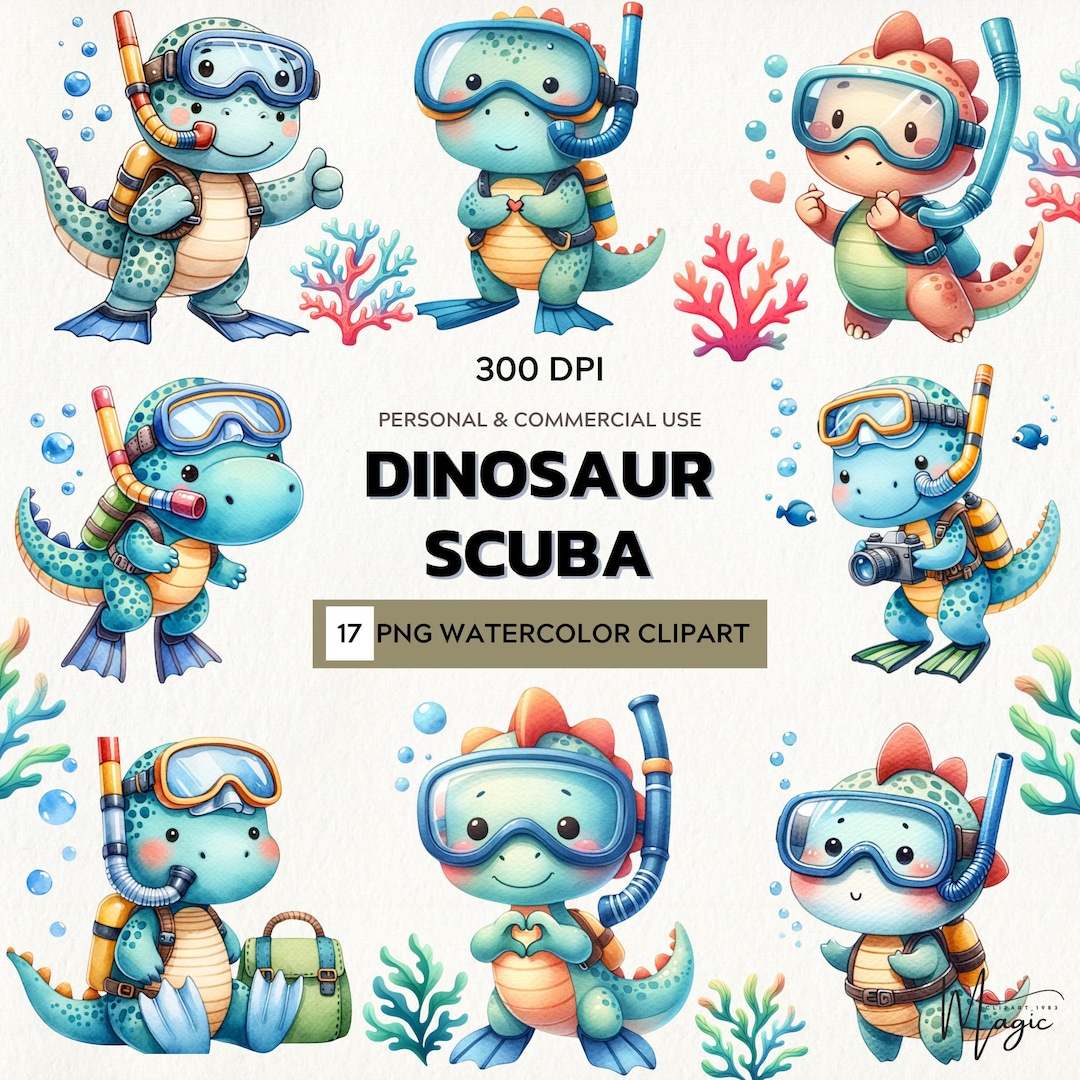 Scuba Dinosaur Watercolor Clipart Set (PNG) - Etsy