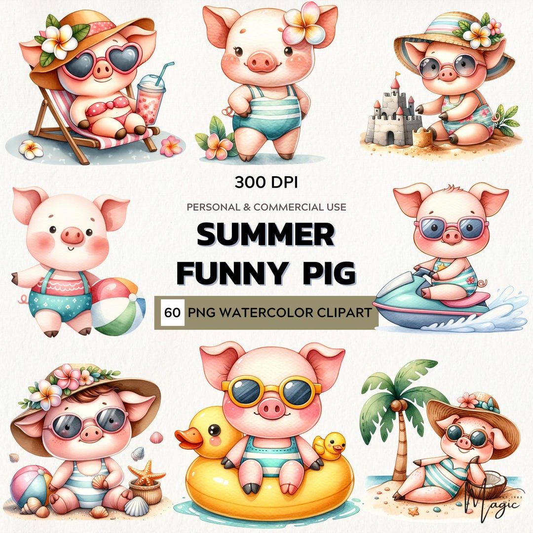 Joyful Summer Vibes – Watercolor Clipart Set of Cute Summer Pigs - Etsy