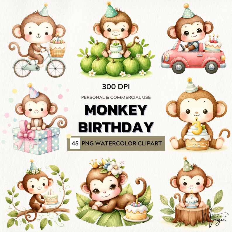 Monkey Birthday Bash – Watercolor Clipart Set of Cute Party Monkeys - Etsy
