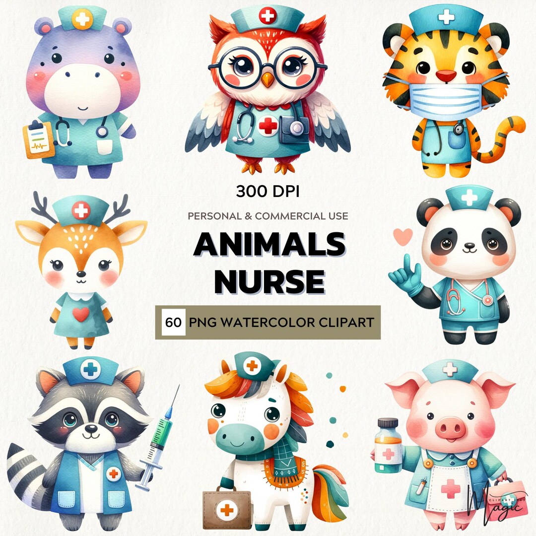 Compassionate Nurse Animals – Watercolor Clipart Set for Healthcare ...