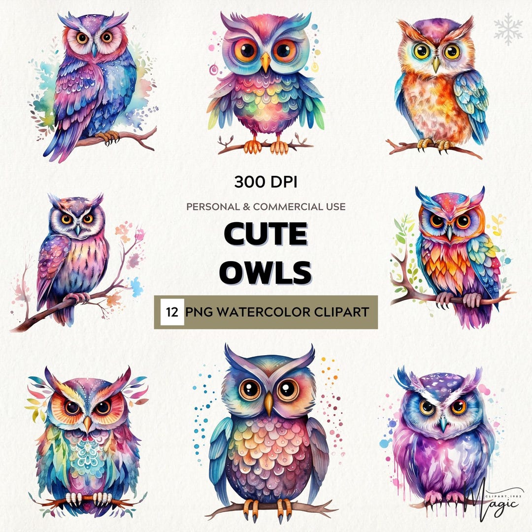 Cute Owl Watercolor Clipart, Owl PNG, Colorful Owl Art, Pastel Owl ...