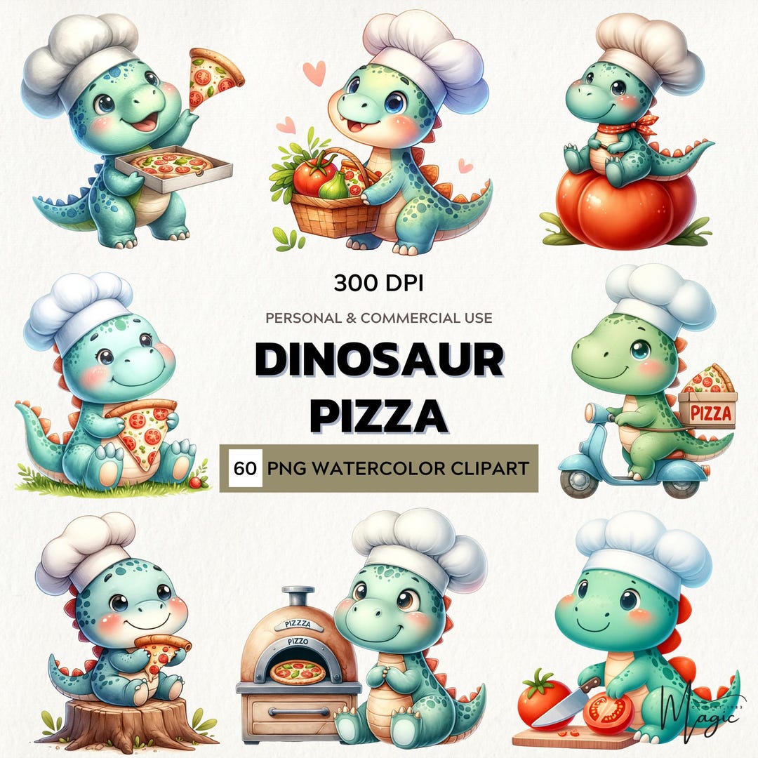 Pizza-rex Party – Watercolor Clipart of Dinosaurs & Cheesy Fun - Etsy