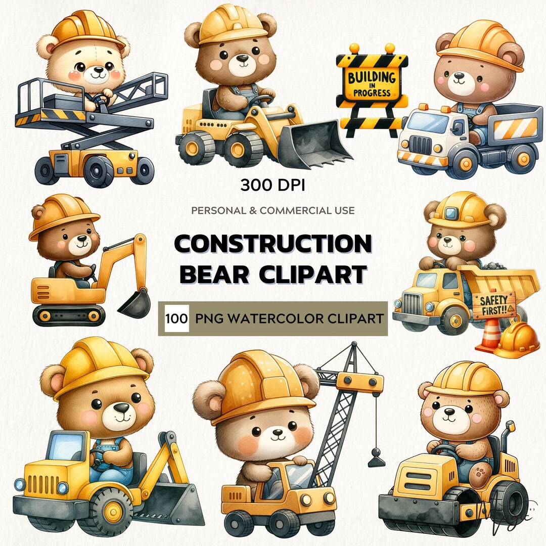 Cute Bear Construction Watercolor Clipart, Bear PNG, Bear Construct ...