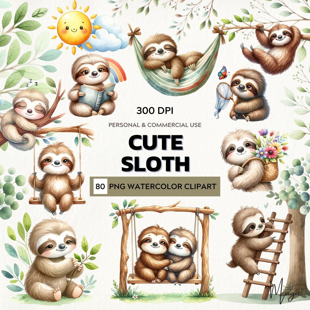 Cute Sloth Watercolor Clipart, Sloth PNG, Couple Sloth Clipart, Spring ...