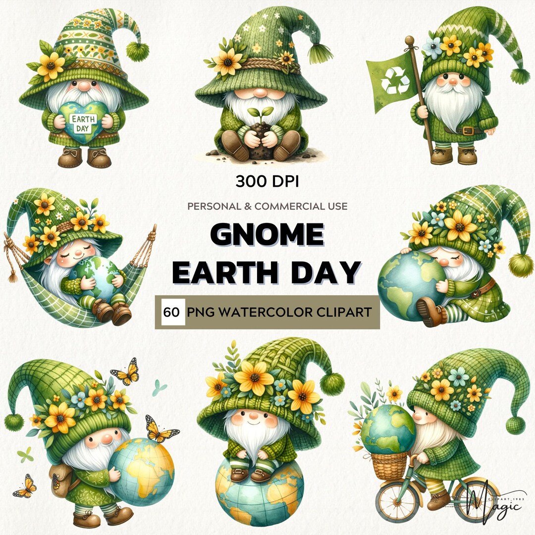 Cute Earth Day Gnome Watercolor Clipart, Eco Friendly Gnome, Earth Day ...