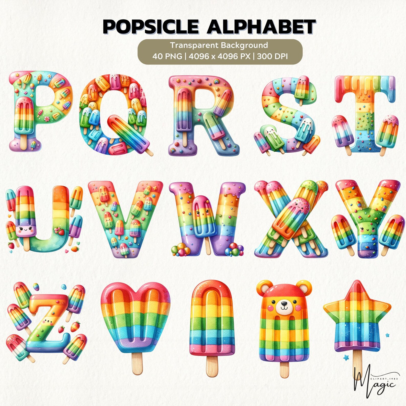 Popsicle Alphabet Watercolor Clipart, Popsicle Alphabet PNG, Alphabet ...