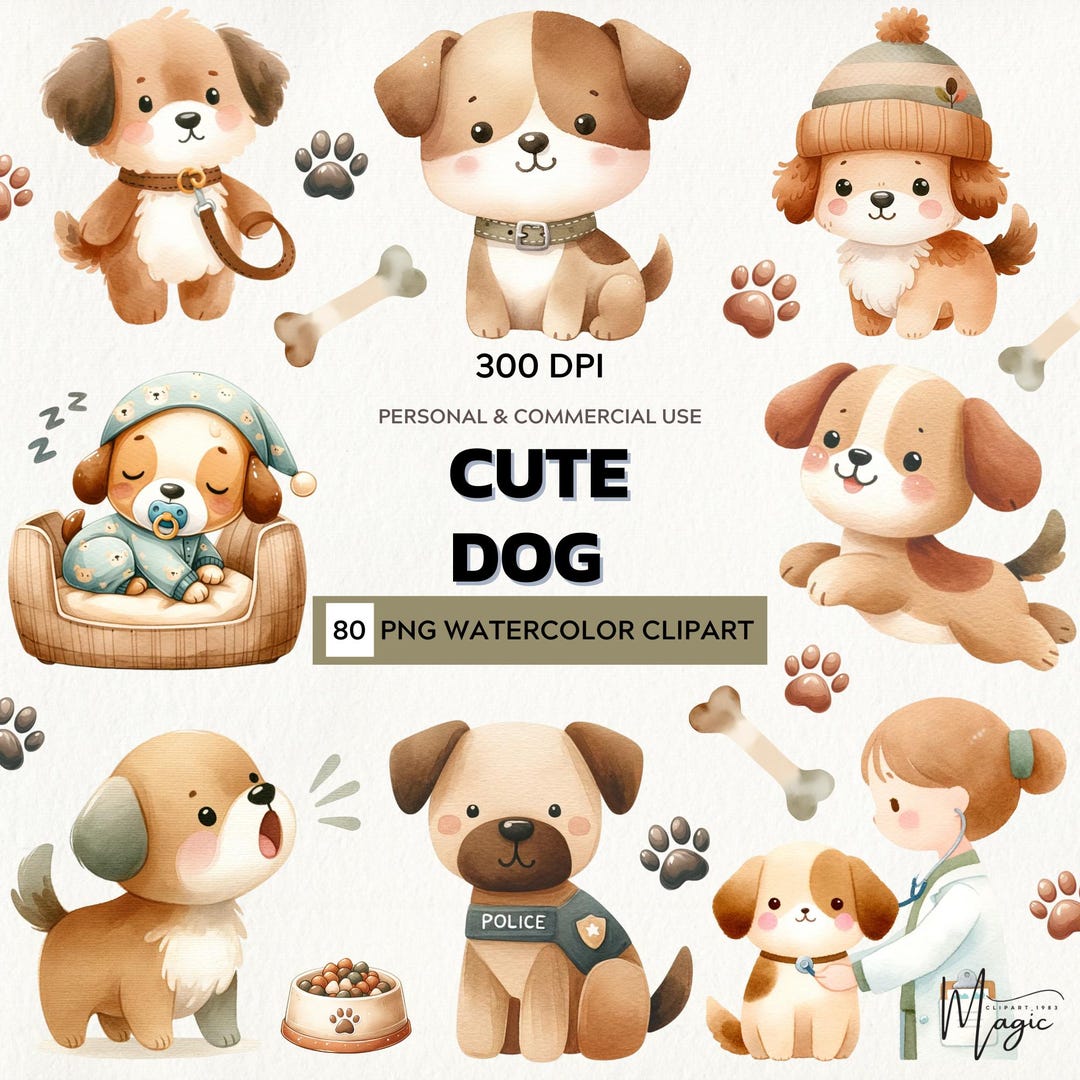 Cute Dog Watercolor Clipart, Dog PNG, Dog Clipart, Dog Postures Clipart ...