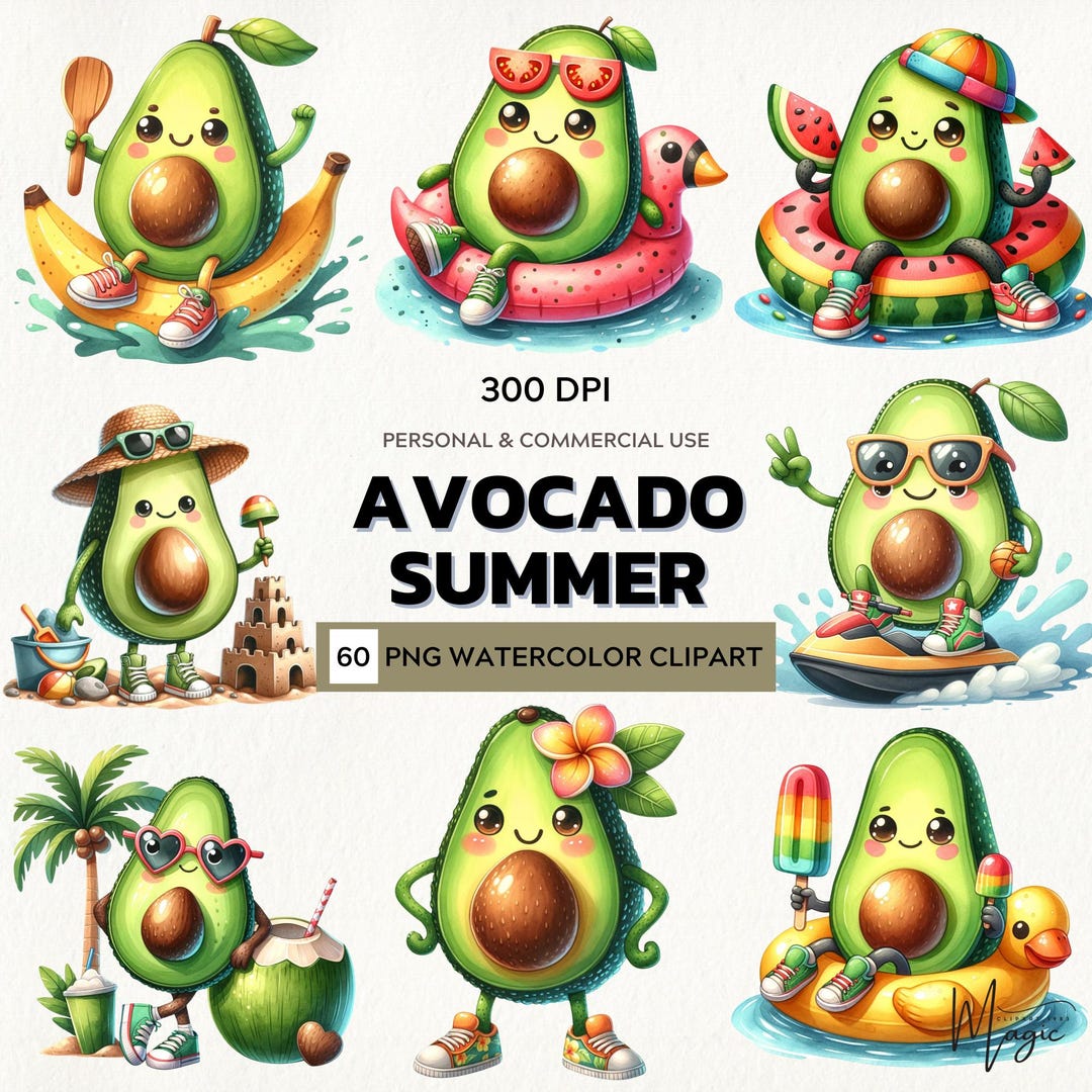 Summer Avocado Clipart Set: 60 Watercolor PNG Illustrations (digital ...