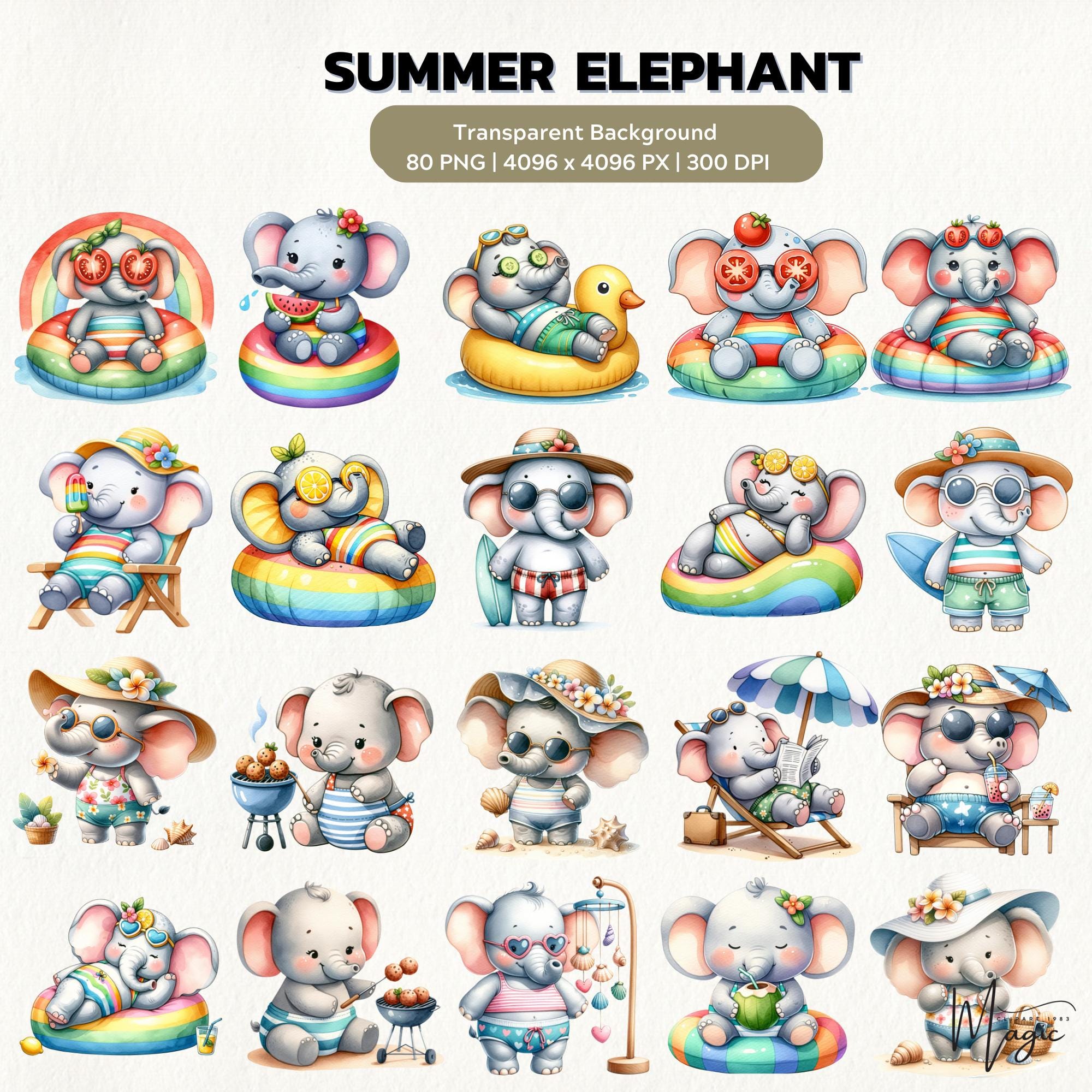 Joyful Sunshine – Watercolor Clipart Set of Cute Summer Elephants - Etsy