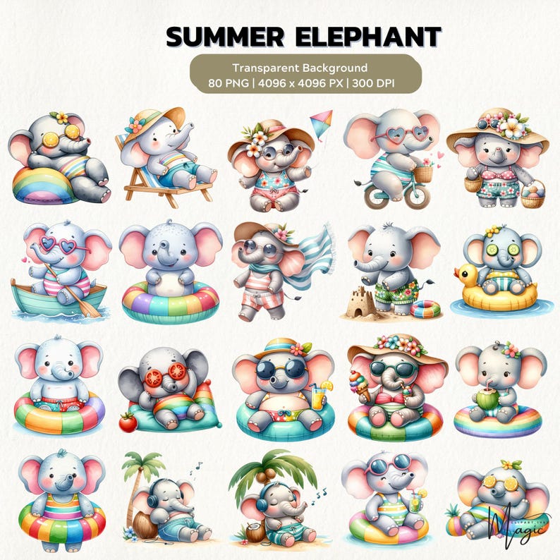 Joyful Sunshine – Watercolor Clipart Set of Cute Summer Elephants - Etsy