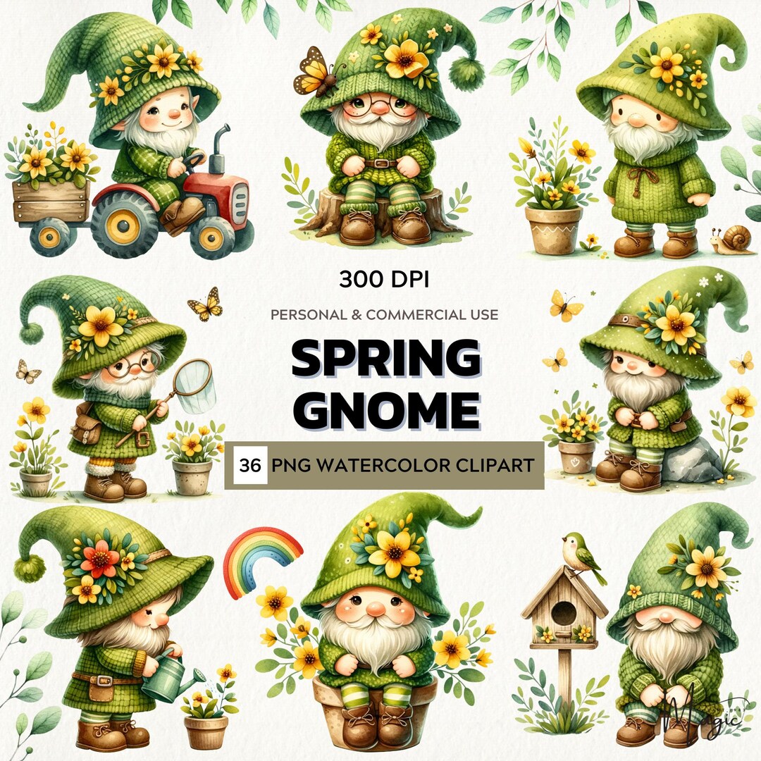 Joyful Bloom – Watercolor Clipart Set of Cute Spring Gnomes - Etsy