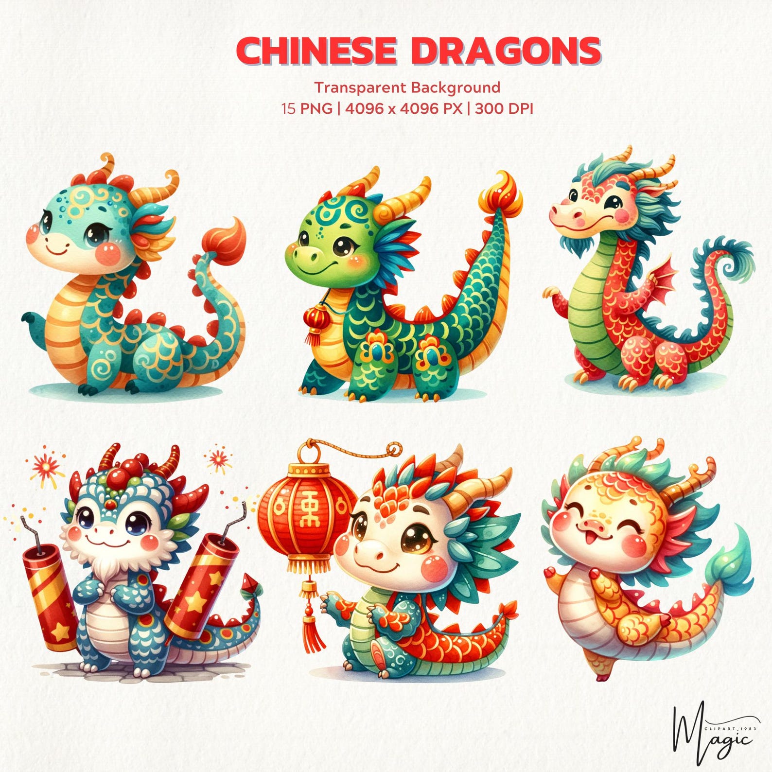 Prosperous Joy – Watercolor Clipart Set of Cute Chinese Dragons - Etsy