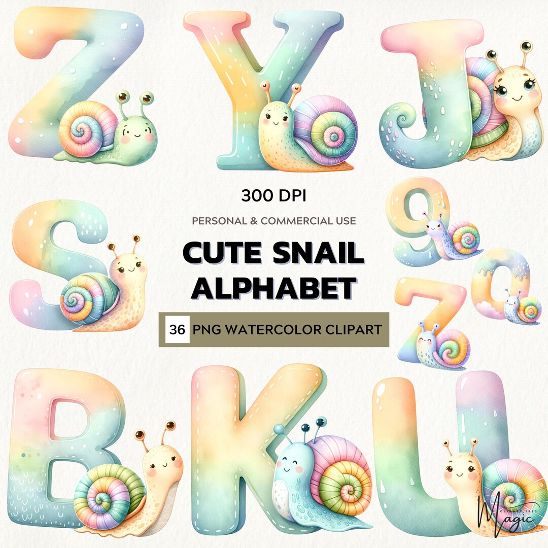 Whimsical Learning – Watercolor Clipart Set of Cute Snail Alphabet - Etsy