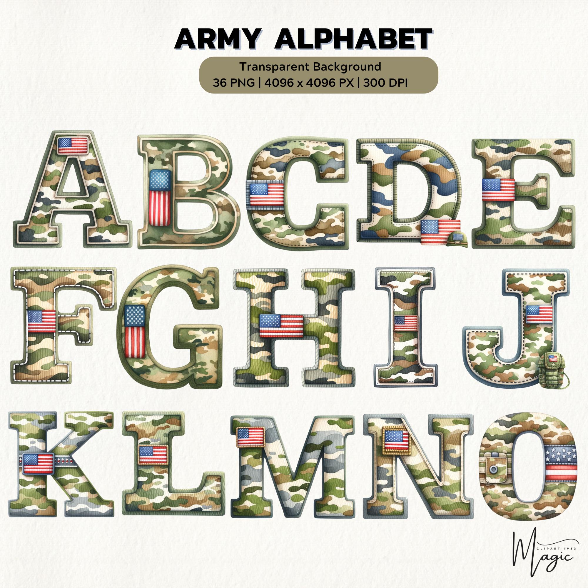 Army Alphabet Watercolor Clipart, Army Letters, Alphabet and Number ...
