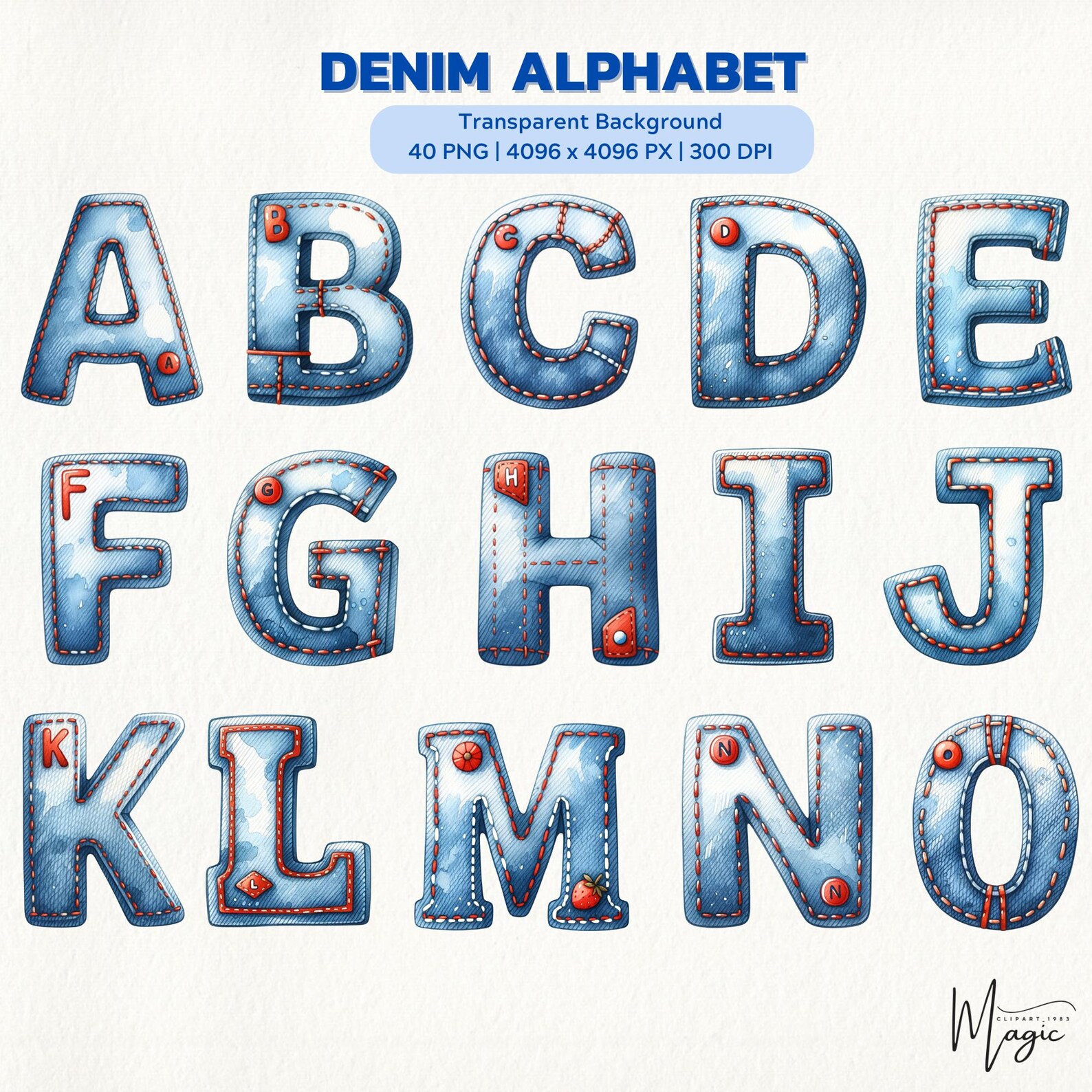 Cute Denim Alphabet Watercolor Clipart, Denim Alphabet PNG, Alphabet ...