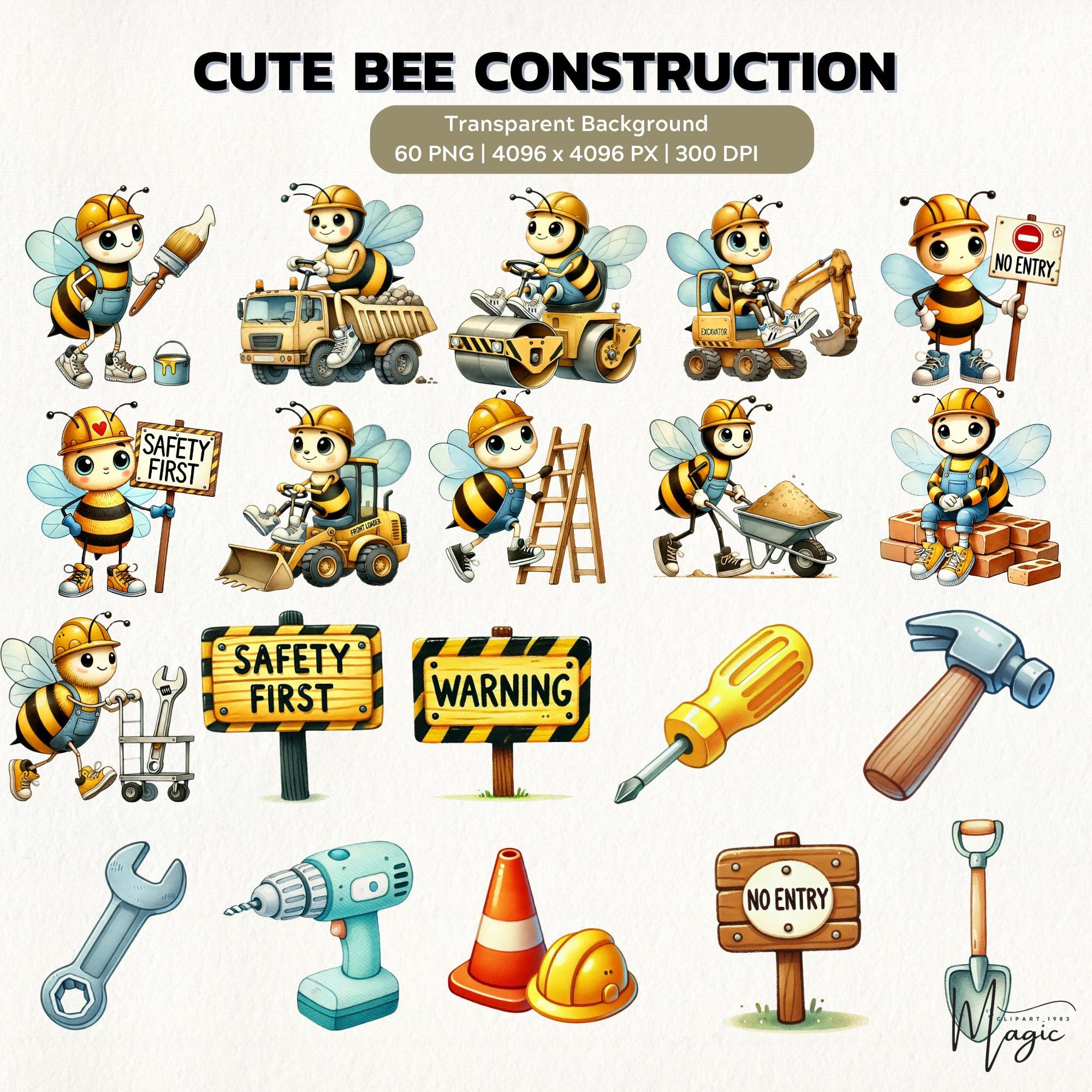 Cute Bee Construction Watercolor Clipart, Cute Bee Builder, Bee With Helmet, Bee Lover ...