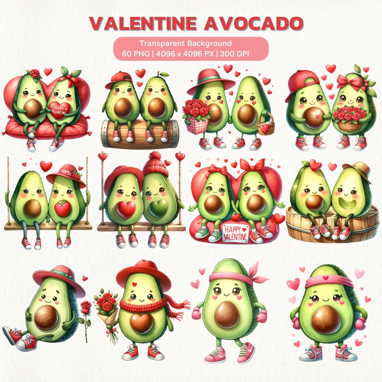 Playful Love – Watercolor Clipart Set of Cute Valentine Avocados - Etsy