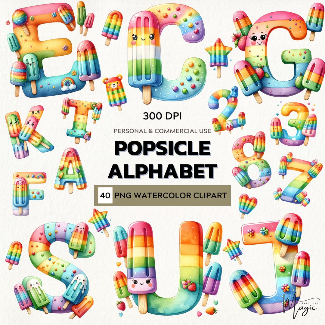 Popsicle Alphabet Watercolor Clipart, Popsicle Alphabet PNG, Alphabet ...
