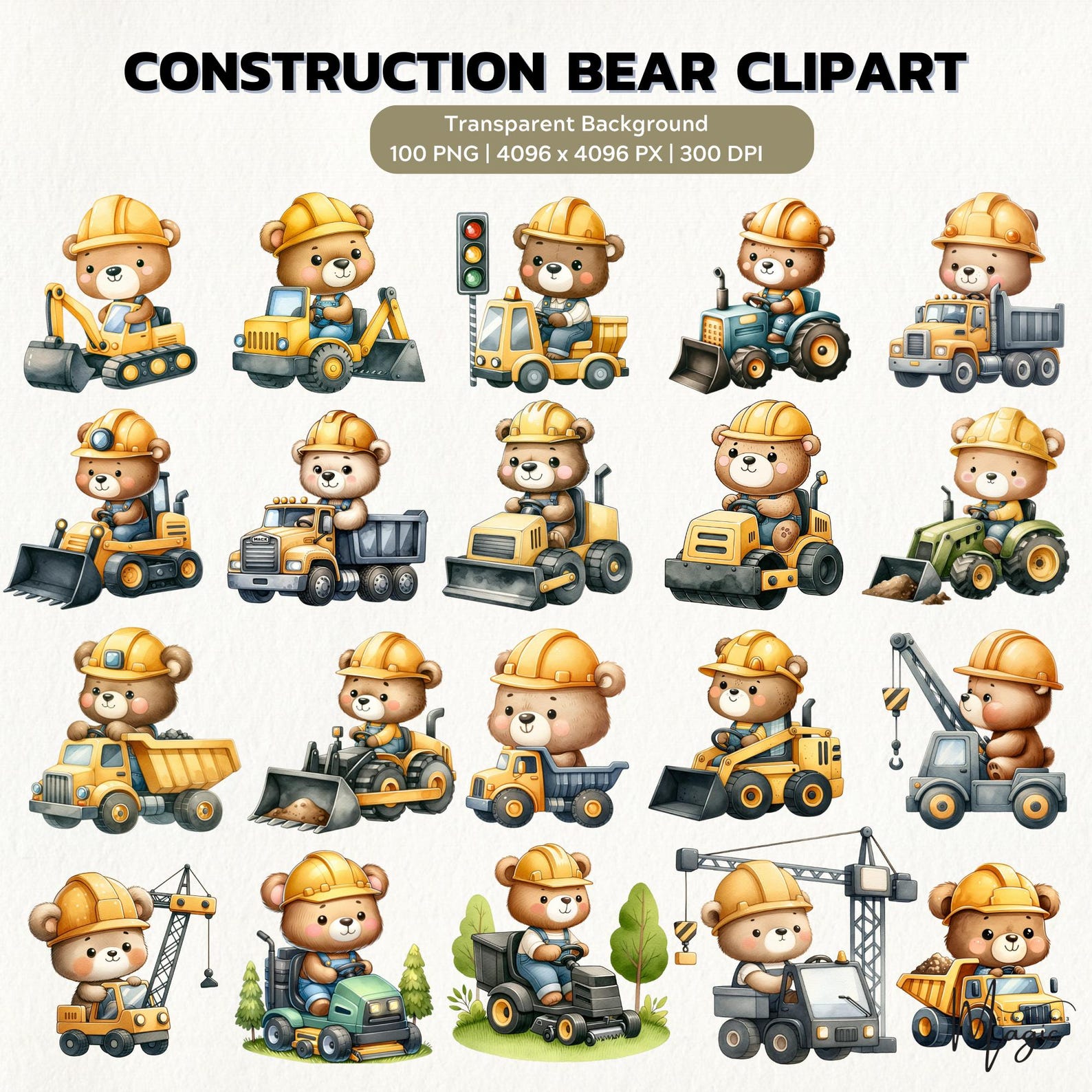 Cute Bear Construction Watercolor Clipart, Bear PNG, Bear Construct ...