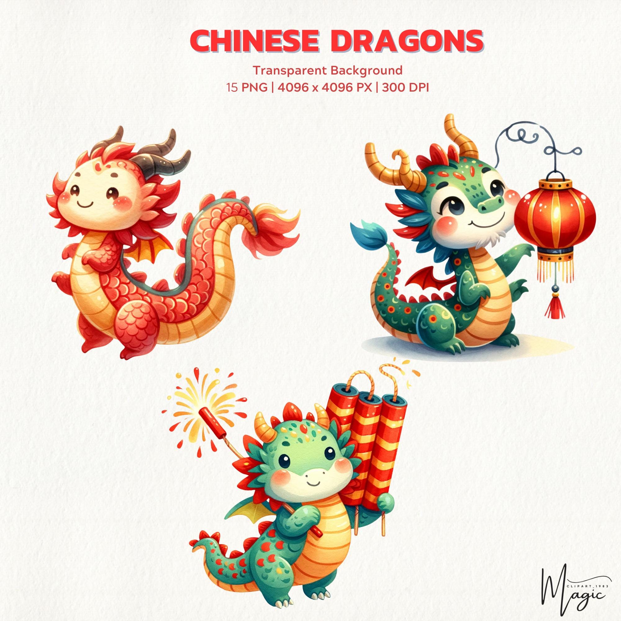 Prosperous Joy – Watercolor Clipart Set of Cute Chinese Dragons - Etsy