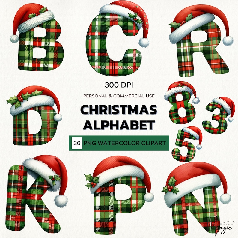 Christmas Plaid Alphabet Watercolor Clipart, Plaid Alphabet and Number ...