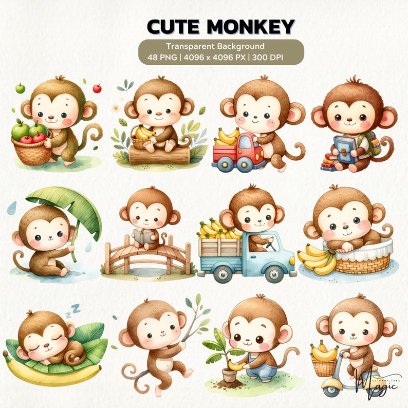 Jungle Baby Monkeys – Watercolor Clipart Set for Baby Shower & Nursery ...