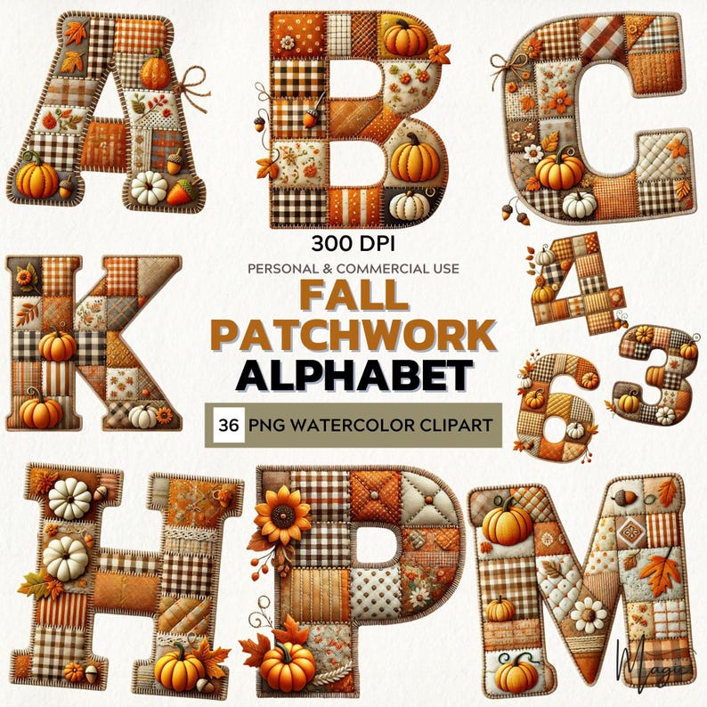 Fall Patchwork Alphabet Clipart: Autumn Quilted Letters & Numbers ...
