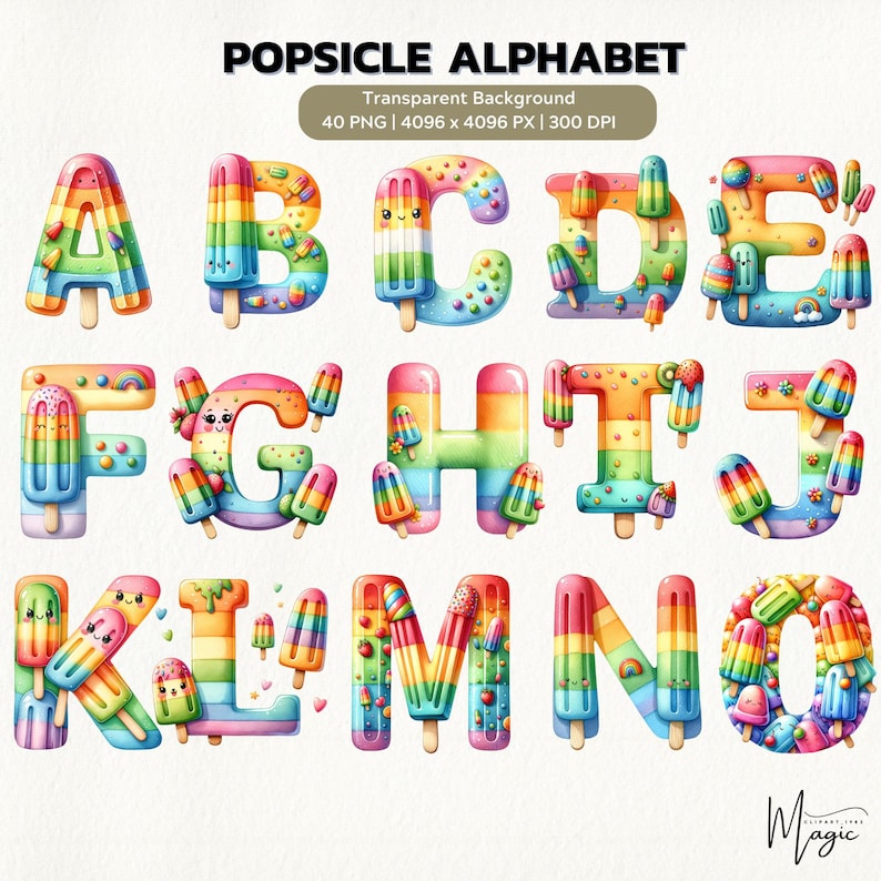 Popsicle Alphabet Watercolor Clipart, Popsicle Alphabet PNG, Alphabet ...