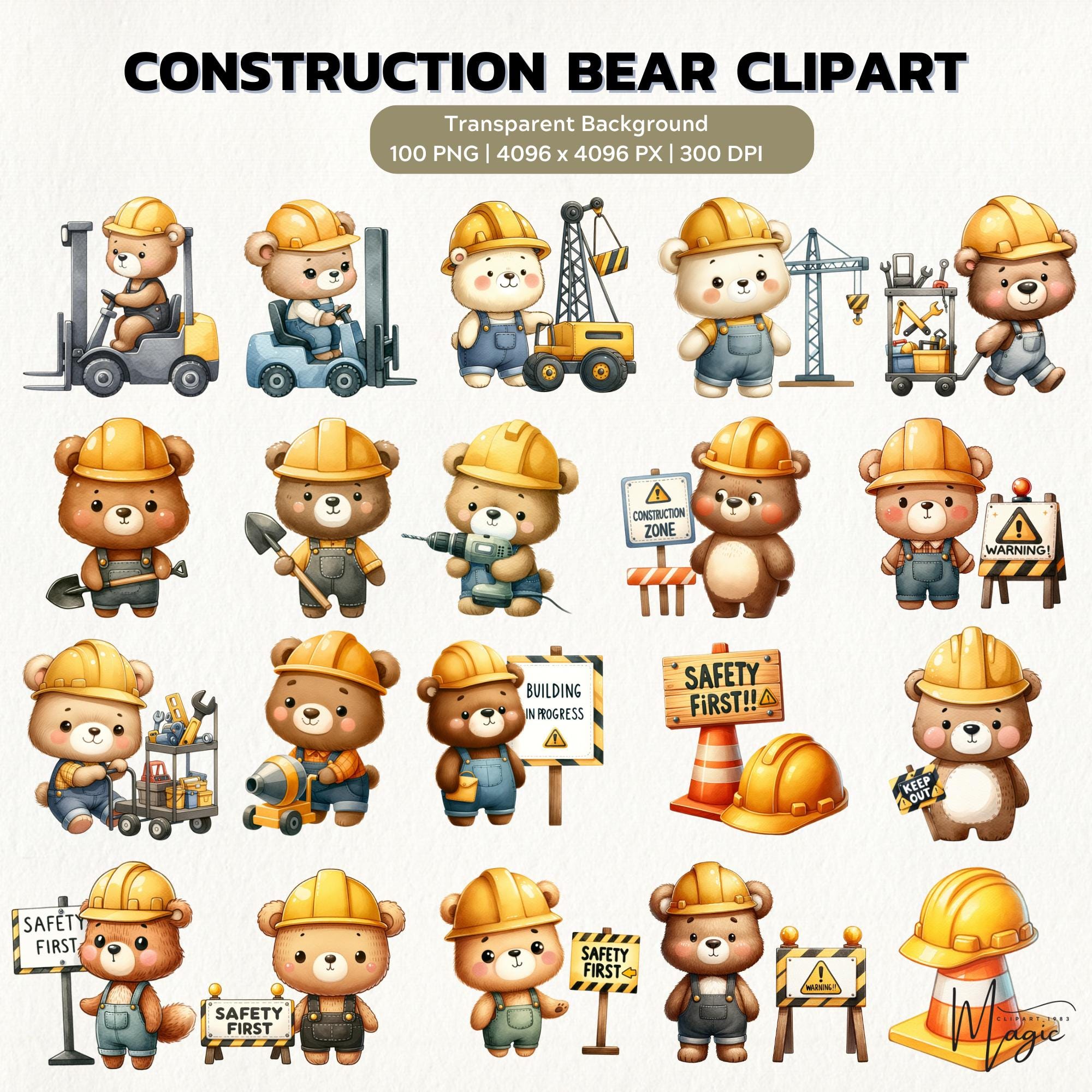 Cute Bear Construction Watercolor Clipart, Bear PNG, Bear Construct ...