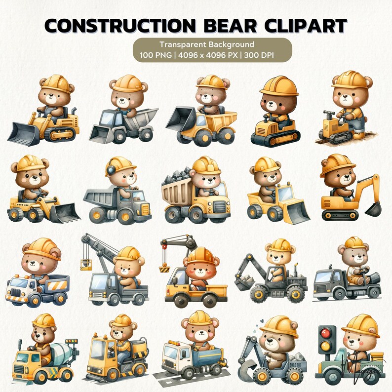 Cute Bear Construction Watercolor Clipart, Bear PNG, Bear Construct ...