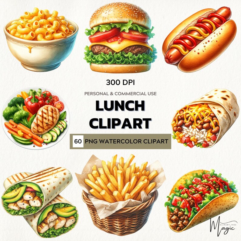 Lunch Foods Watercolor Clipart, Yummy Lunch Clipart, Cute Food Clipart ...