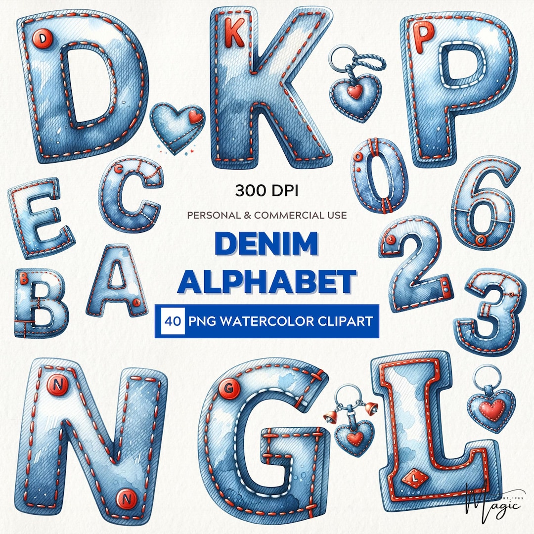 Cute Denim Alphabet Watercolor Clipart, Denim Alphabet PNG, Alphabet ...