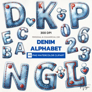 Cute Denim Alphabet Watercolor Clipart, Denim Alphabet PNG, Alphabet ...