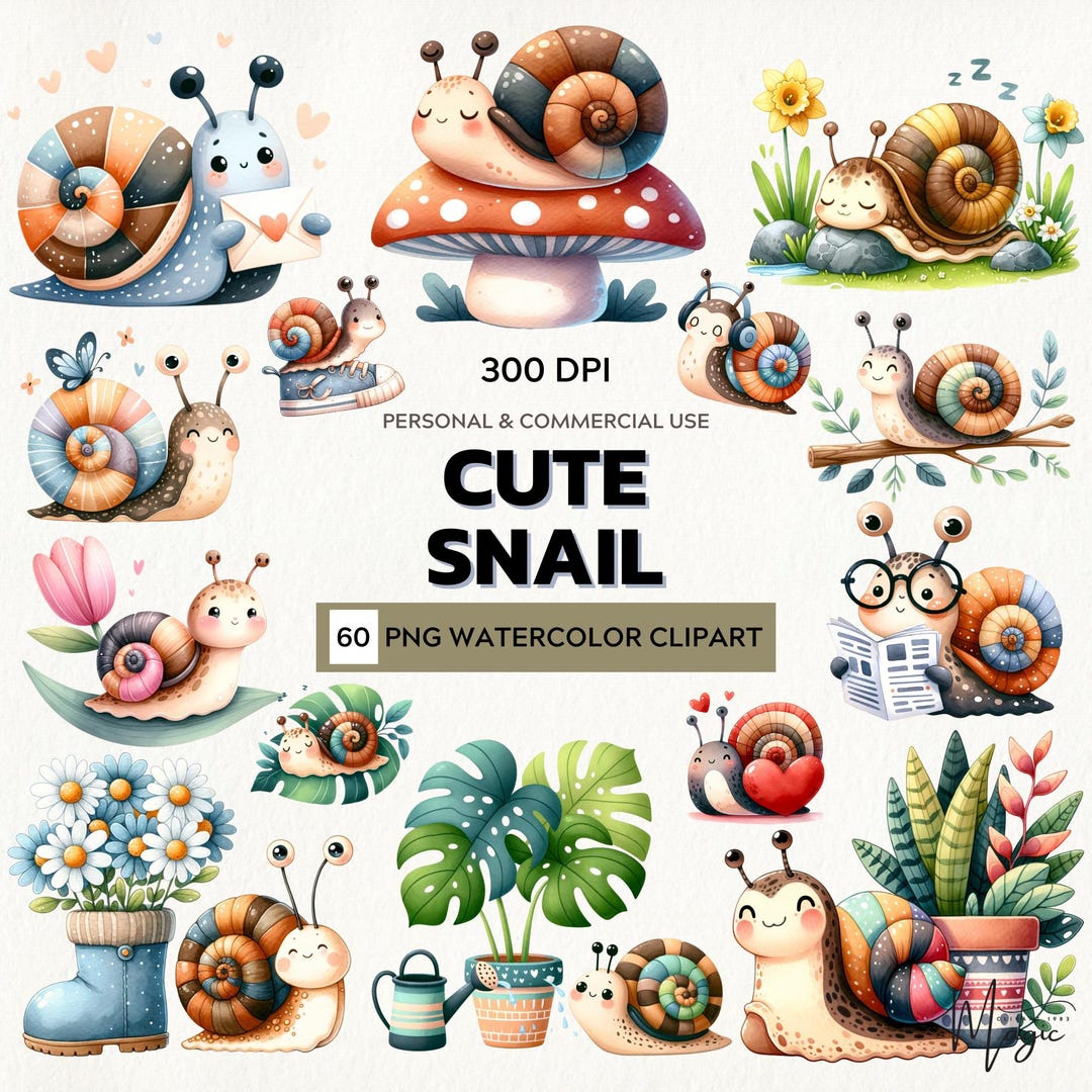 Cute Snail Watercolor Clipart, Kawaii Snail, Snail Clipart, Adorable ...