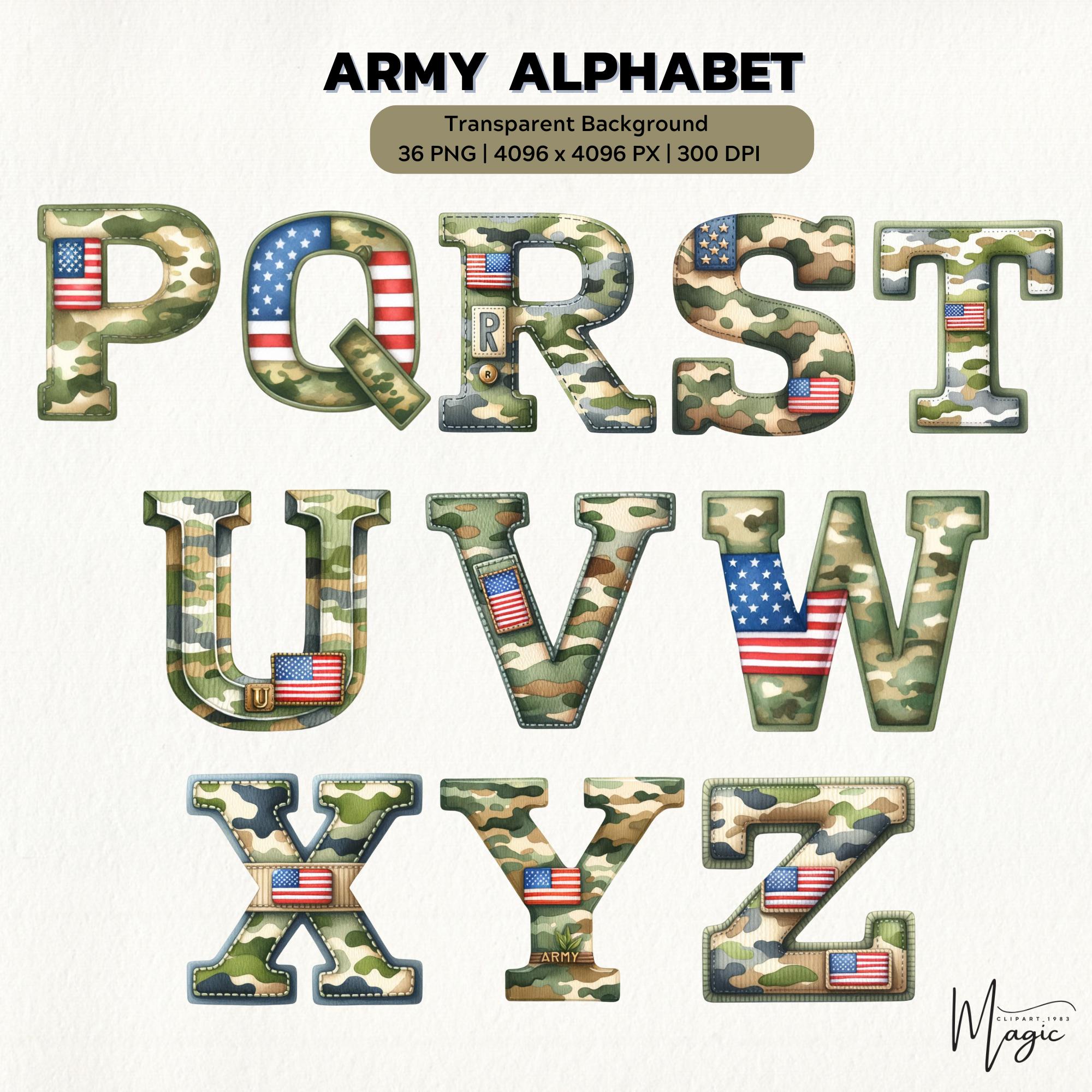 Army Alphabet Watercolor Clipart, Army Letters, Alphabet and Number ...