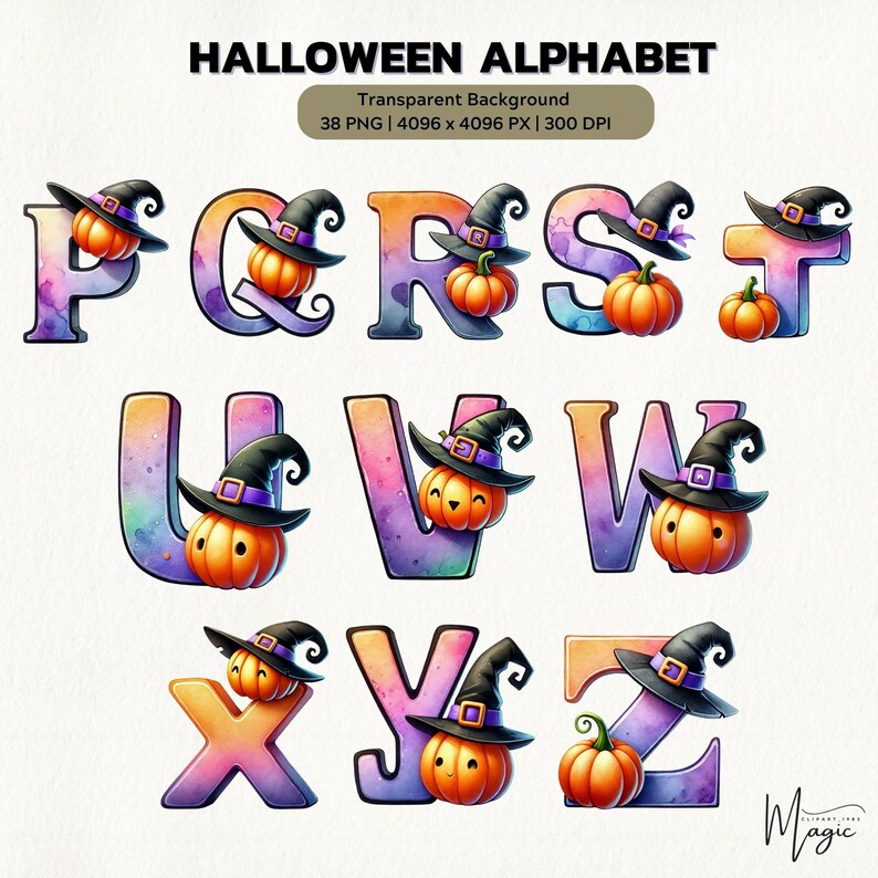 Halloween Alphabet Clipart: Watercolor Pumpkin Witch Hat Font (digital ...