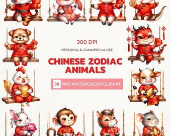 Cute Chinese Zodiac Animals Watercolor Clipart, Chinese Animal Calendar ...