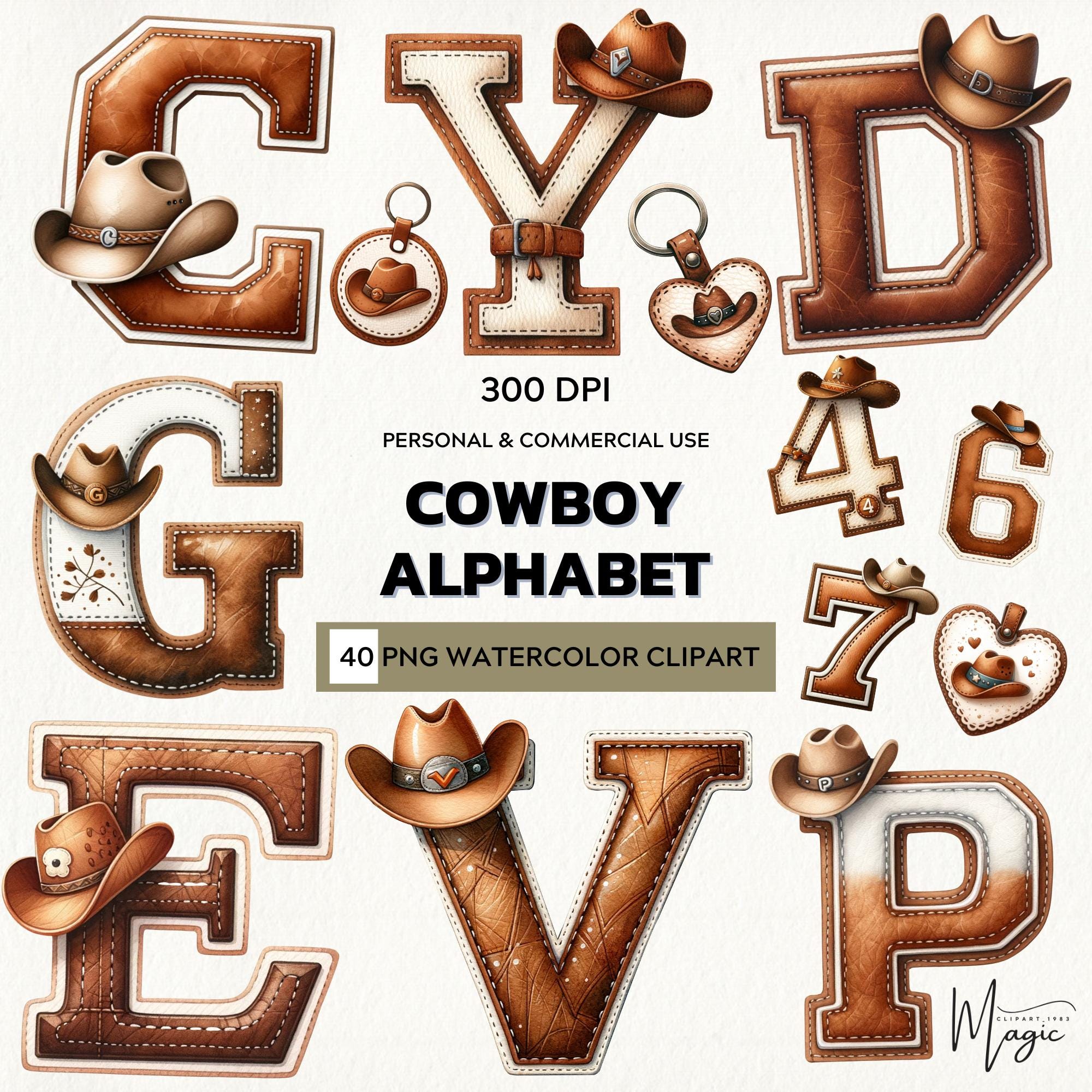 Cute Cowboy Alphabet Watercolor Clipart, Cowboy Alphabet PNG, Alphabet ...