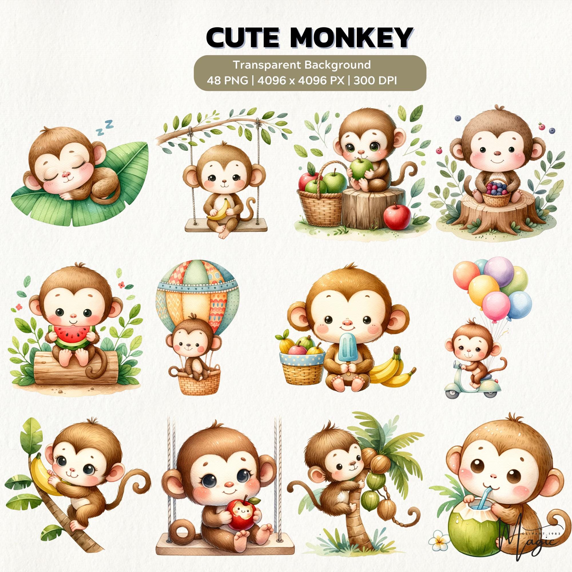Jungle Baby Monkeys – Watercolor Clipart Set for Baby Shower & Nursery ...