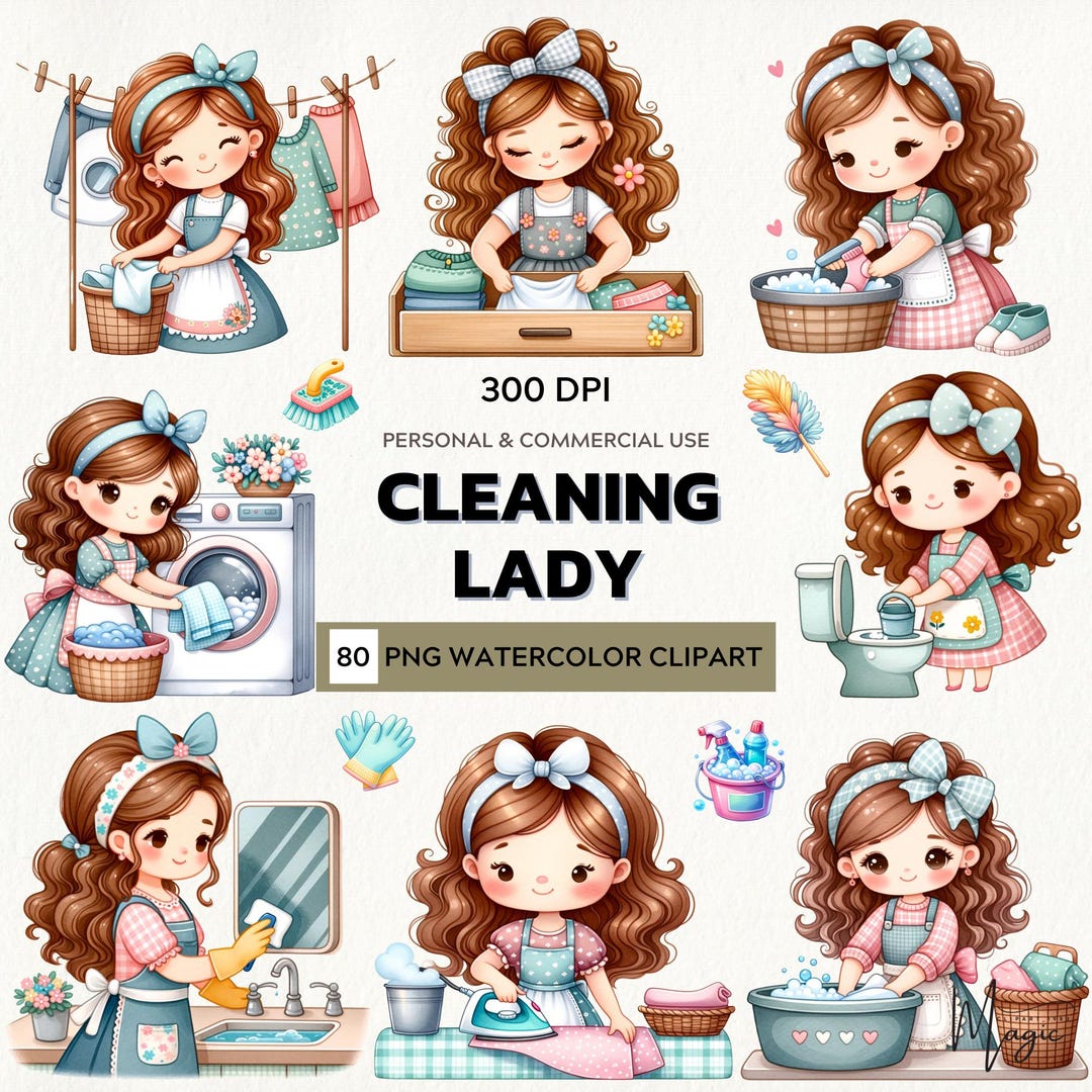 Fresh & Cheerful – 60 Watercolor Clipart Pngs of Cute Cleaning Ladies ...