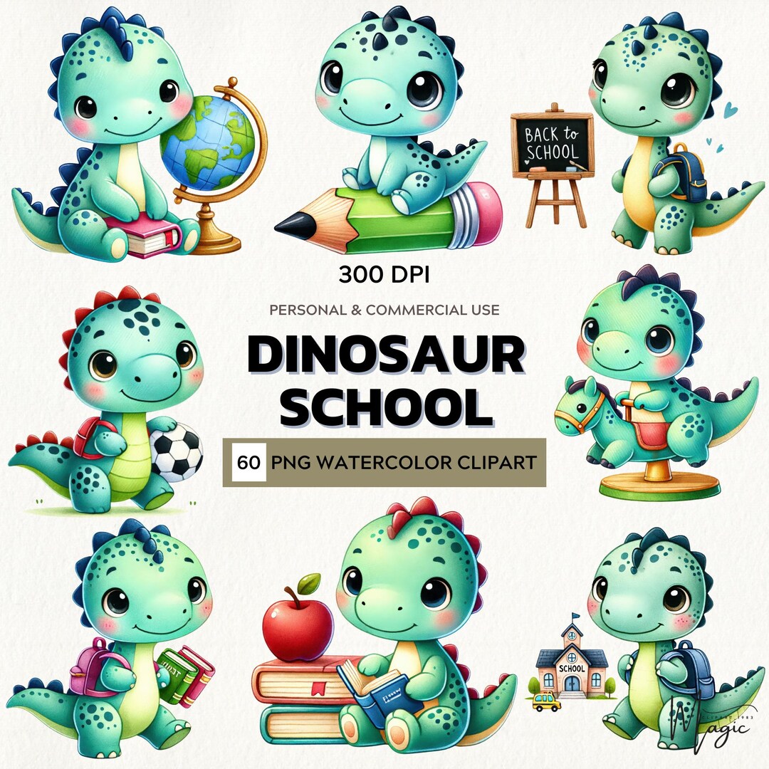 Dino Learners – Watercolor School Dinosaur Clipart Set - Etsy