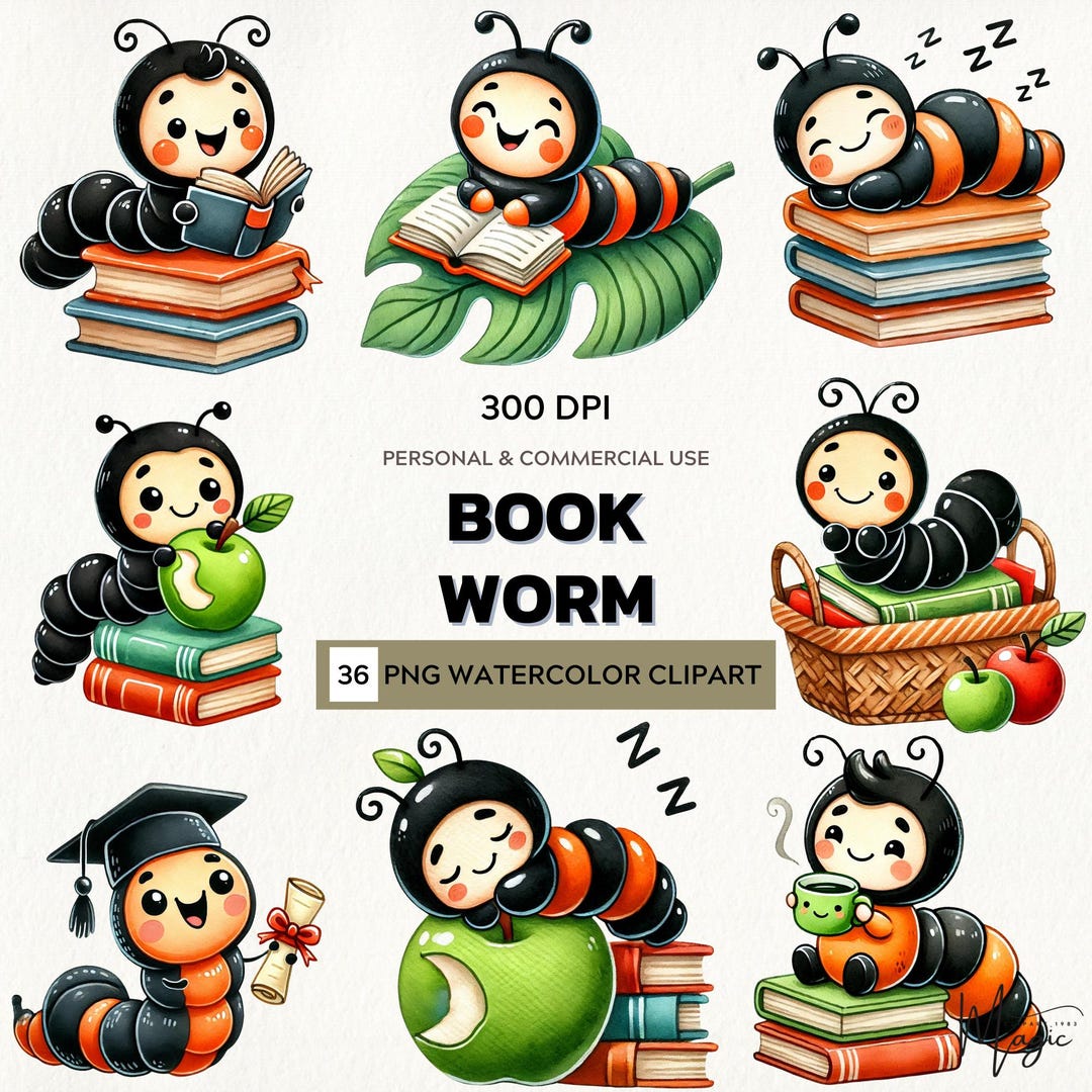 Bookworm Bliss – Watercolor Clipart Set of Cute Reading Worms - Etsy