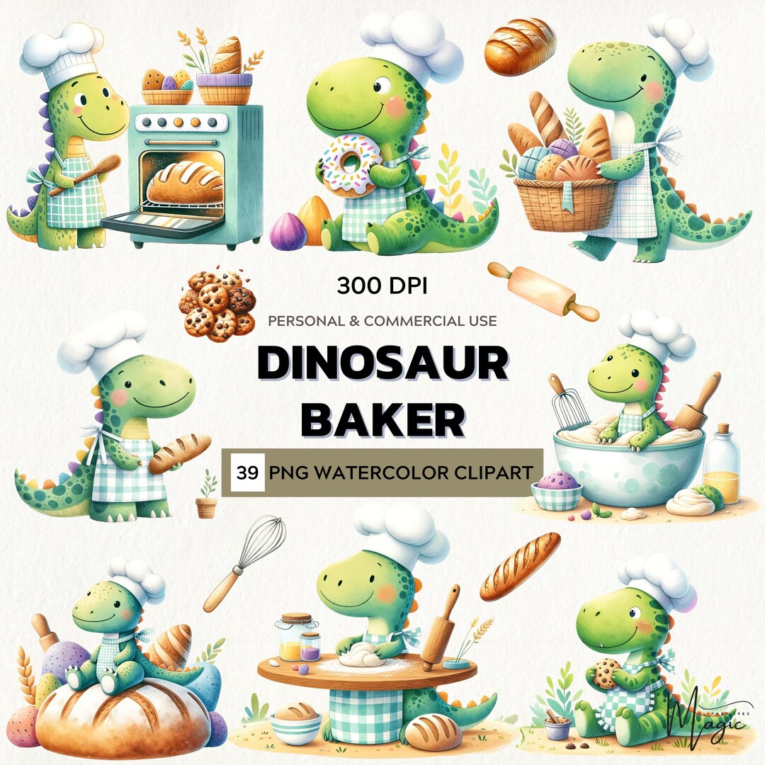 Dino Bakery Delights – Watercolor Clipart Set of Cute Baking Dinosaurs ...