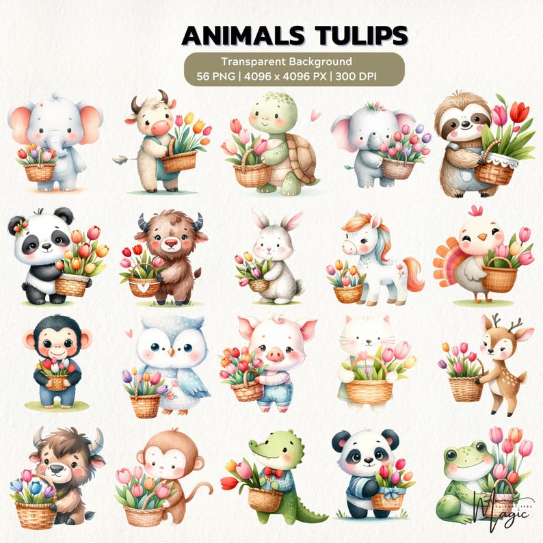 Cute Animals Tulip Watercolor Clipart, Animal With Tulip Bouquet, Tulip ...