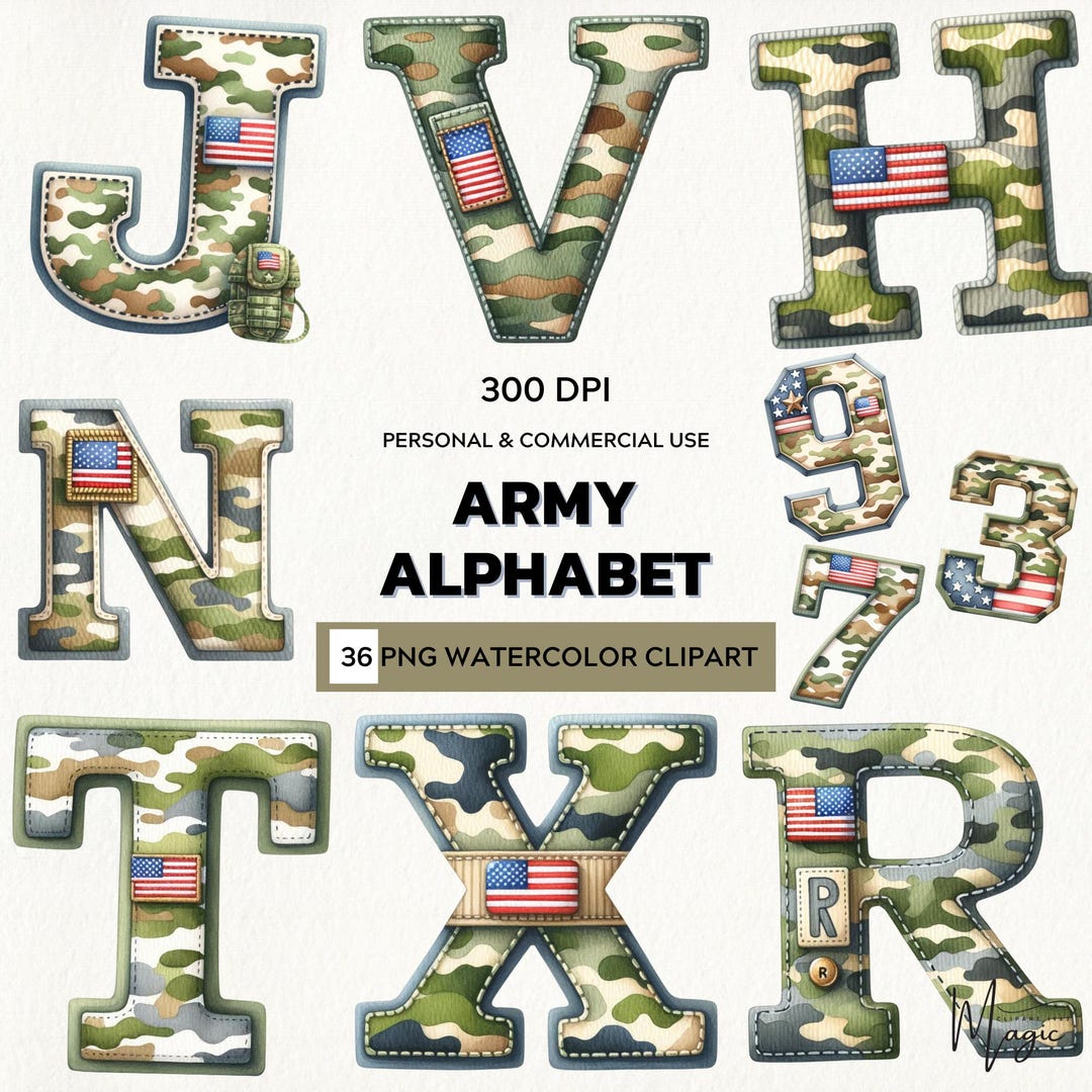 Army Alphabet Watercolor Clipart, Army Letters, Alphabet and Number ...