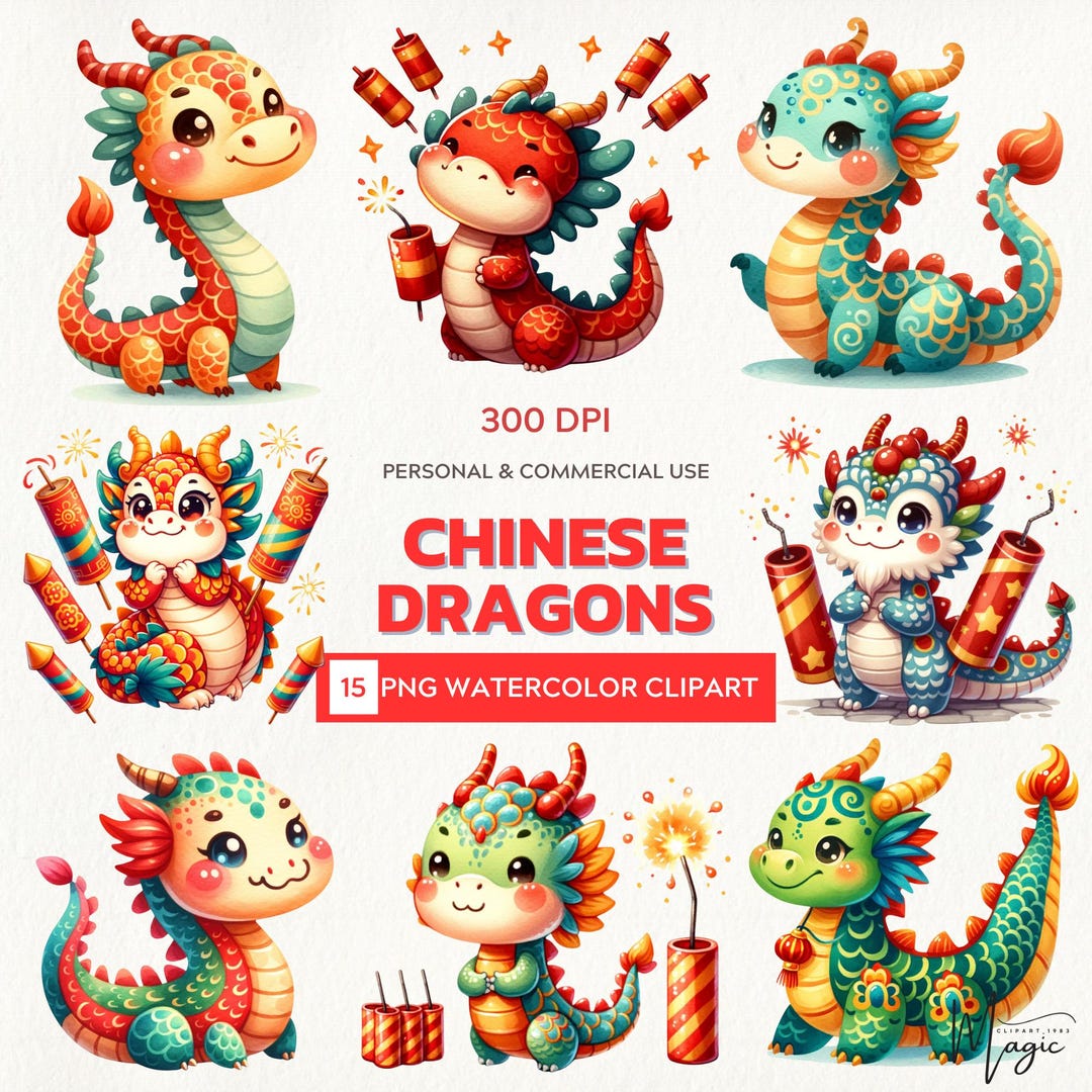 Prosperous Joy – Watercolor Clipart Set of Cute Chinese Dragons - Etsy